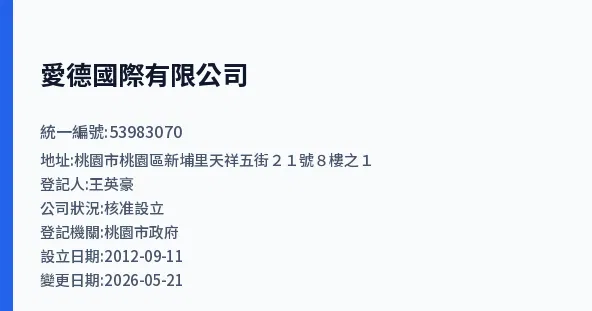愛德國際有限公司的照片-統編 53983070(桃園市) 公司登記資料與營業項目詳細圖表
