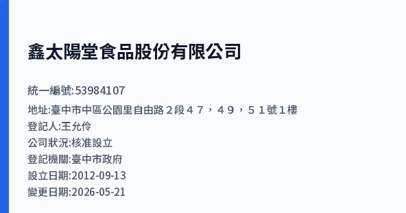 鑫太陽堂食品股份有限公司的照片-統編 53984107(臺中市) 公司登記資料與營業項目詳細圖表
