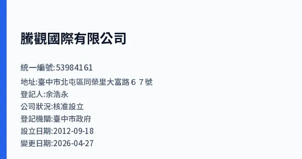騰觀國際有限公司的照片-統編 53984161(臺中市) 公司登記資料與營業項目詳細圖表