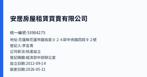 安居房屋租賃買賣有限公司的照片-統編 53984275(花蓮縣) 公司登記資料與營業項目詳細圖表