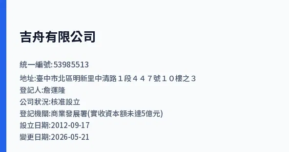 吉舟有限公司的照片-統編 53985513(臺中市) 公司登記資料與營業項目詳細圖表