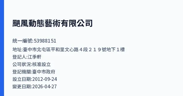颶風動態藝術有限公司的照片-統編 53988151(臺中市) 公司登記資料與營業項目詳細圖表