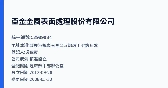 亞金金屬表面處理股份有限公司的照片-統編 53989834(彰化縣) 公司登記資料與營業項目詳細圖表