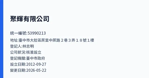聚輝有限公司的照片-統編 53990213(臺中市) 公司登記資料與營業項目詳細圖表