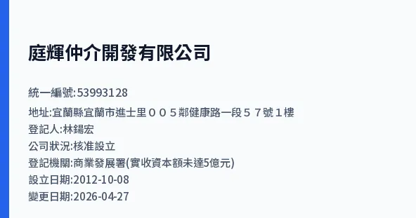庭輝仲介開發有限公司的照片-統編 53993128(宜蘭縣) 公司登記資料與營業項目詳細圖表