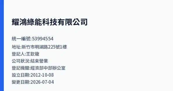 耀鴻綠能科技有限公司的照片-統編 53994554(新竹縣) 公司登記資料與營業項目詳細圖表