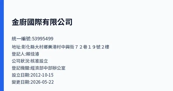 金廚國際有限公司的照片-統編 53995499(彰化縣) 公司登記資料與營業項目詳細圖表