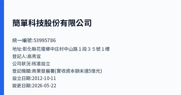 簡單科技股份有限公司的照片-統編 53995786(彰化縣) 公司登記資料與營業項目詳細圖表