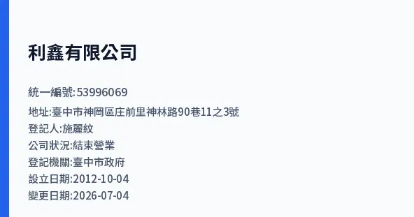 利鑫有限公司的照片-統編 53996069(臺中市) 公司登記資料與營業項目詳細圖表