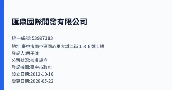 匯鼎國際開發有限公司的照片-統編 53997383(臺中市) 公司登記資料與營業項目詳細圖表