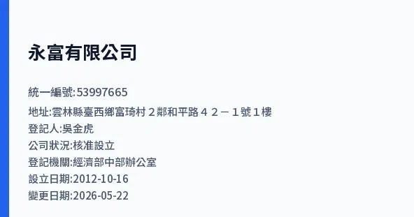 永富有限公司的照片-統編 53997665(雲林縣) 公司登記資料與營業項目詳細圖表