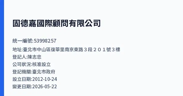 固德嘉國際顧問有限公司的照片-統編 53998257(臺北市) 公司登記資料與營業項目詳細圖表