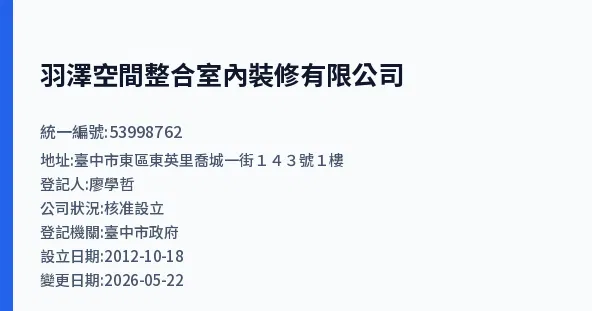 羽澤空間整合室內裝修有限公司的照片-統編 53998762(臺中市) 公司登記資料與營業項目詳細圖表