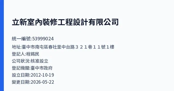 立新室內裝修工程設計有限公司的照片-統編 53999024(臺中市) 公司登記資料與營業項目詳細圖表