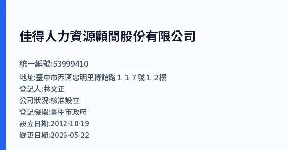 佳得人力資源顧問股份有限公司的照片-統編 53999410(臺中市) 公司登記資料與營業項目詳細圖表