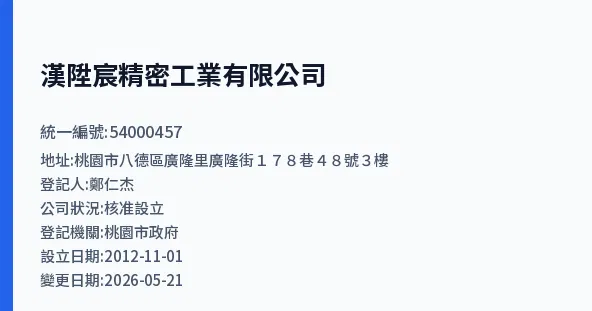 漢陞宸精密工業有限公司的照片-統編 54000457(桃園市) 公司登記資料與營業項目詳細圖表