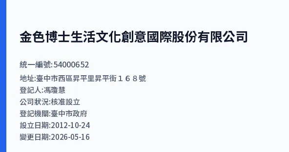 金色博士生活文化創意國際股份有限公司的照片-統編 54000652(臺中市) 公司登記資料與營業項目詳細圖表