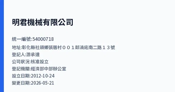 明君機械有限公司的照片-統編 54000718(彰化縣) 公司登記資料與營業項目詳細圖表