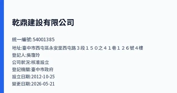 乾鼎建設有限公司的照片-統編 54001385(臺中市) 公司登記資料與營業項目詳細圖表