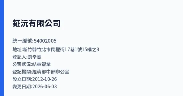 鉦沅有限公司的照片-統編 54002005(新竹縣) 公司登記資料與營業項目詳細圖表