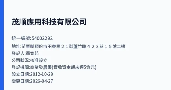 茂順應用科技有限公司的照片-統編 54002292(苗栗縣) 公司登記資料與營業項目詳細圖表