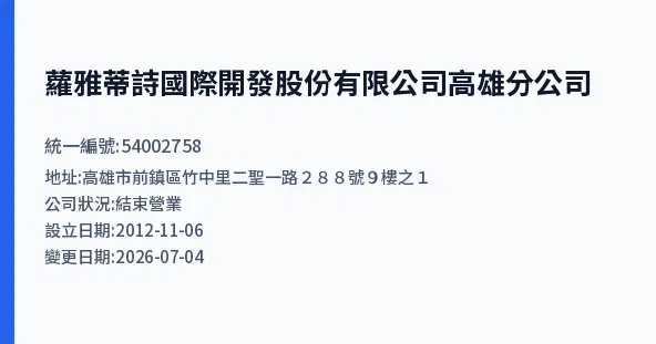 蘿雅蒂詩國際開發股份有限公司高雄分公司的照片-統編 54002758(高雄市) 公司登記資料與營業項目詳細圖表