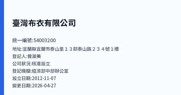 臺灣布衣有限公司的照片-統編 54003200(宜蘭縣) 公司登記資料與營業項目詳細圖表