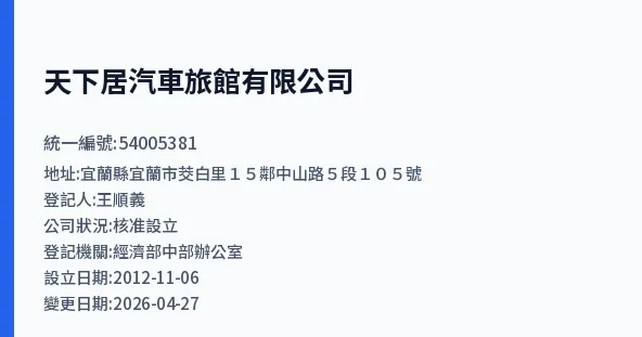 天下居汽車旅館有限公司的照片-統編 54005381(宜蘭縣) 公司登記資料與營業項目詳細圖表