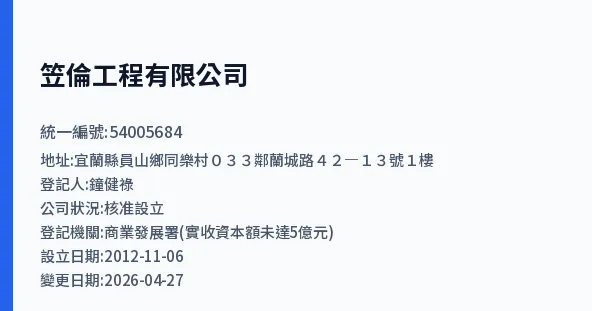 笠倫工程有限公司的照片-統編 54005684(宜蘭縣) 公司登記資料與營業項目詳細圖表
