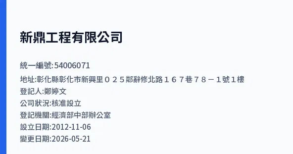 新鼎工程有限公司的照片-統編 54006071(彰化縣) 公司登記資料與營業項目詳細圖表