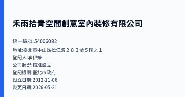 禾雨拾青空間創意室內裝修有限公司的照片-統編 54006092(臺北市) 公司登記資料與營業項目詳細圖表