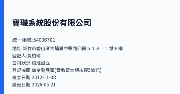 寶璣系統股份有限公司的照片-統編 54006781(新竹市) 公司登記資料與營業項目詳細圖表