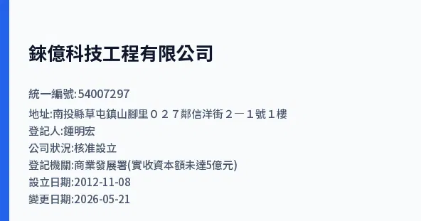 錸億科技工程有限公司的照片-統編 54007297(南投縣) 公司登記資料與營業項目詳細圖表