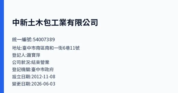 中新土木包工業有限公司的照片-統編 54007389(臺中市) 公司登記資料與營業項目詳細圖表