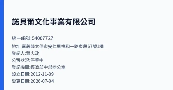 諾貝爾文化事業有限公司的照片-統編 54007727(嘉義縣) 公司登記資料與營業項目詳細圖表