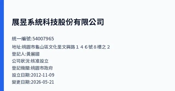 展昱系統科技股份有限公司的照片-統編 54007965(桃園市) 公司登記資料與營業項目詳細圖表