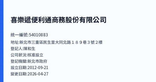 喜樂遞便利通商務股份有限公司的照片-統編 54010883(新北市) 公司登記資料與營業項目詳細圖表