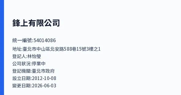 鋒上有限公司的照片-統編 54014086(臺北市) 公司登記資料與營業項目詳細圖表