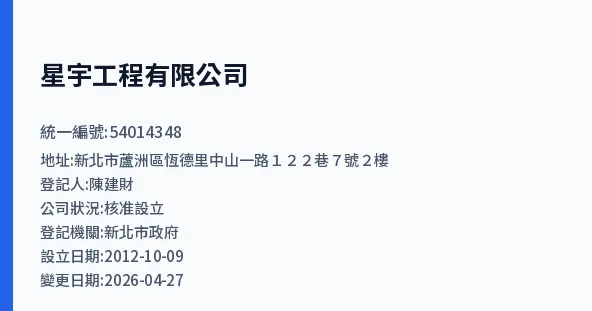 星宇工程有限公司的照片-統編 54014348(新北市) 公司登記資料與營業項目詳細圖表