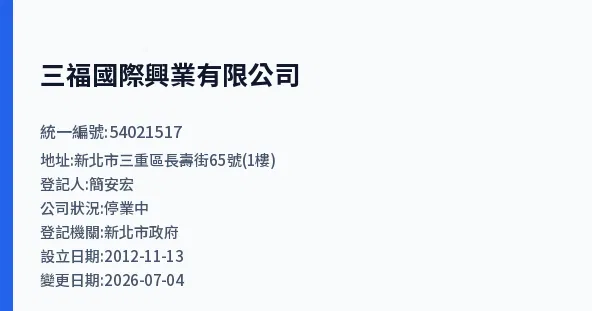 三福國際興業有限公司的照片-統編 54021517(新北市) 公司登記資料與營業項目詳細圖表