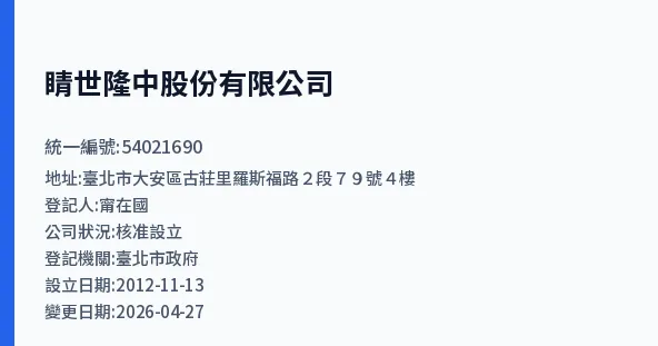 睛世隆中股份有限公司的照片-統編 54021690(臺北市) 公司登記資料與營業項目詳細圖表