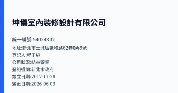 坤儀室內裝修設計有限公司的照片-統編 54024802(新北市) 公司登記資料與營業項目詳細圖表