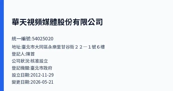 華天視頻媒體股份有限公司的照片-統編 54025020(臺北市) 公司登記資料與營業項目詳細圖表