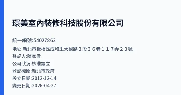 環美室內裝修科技股份有限公司的照片-統編 54027863(新北市) 公司登記資料與營業項目詳細圖表