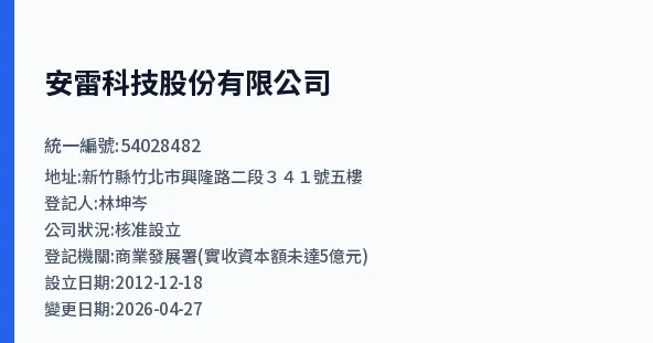 安雷科技股份有限公司的照片-統編 54028482(新竹縣) 公司登記資料與營業項目詳細圖表