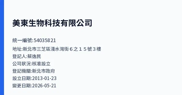 美東生物科技有限公司的照片-統編 54035821(新北市) 公司登記資料與營業項目詳細圖表