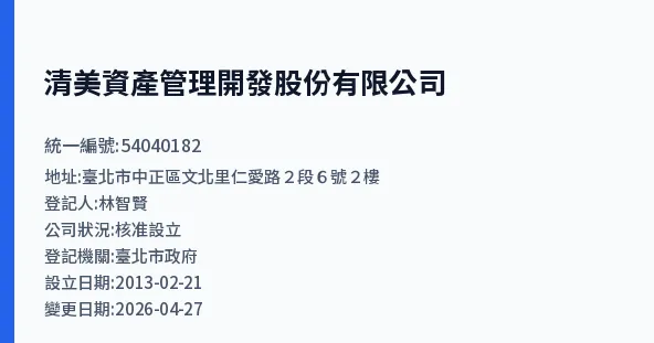 清美資產管理開發股份有限公司的照片-統編 54040182(臺北市) 公司登記資料與營業項目詳細圖表