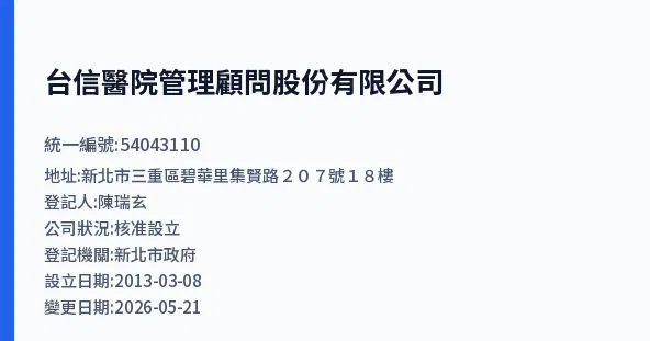台信醫院管理顧問股份有限公司的照片-統編 54043110(新北市) 公司登記資料與營業項目詳細圖表