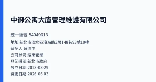 中御公寓大廈管理維護有限公司的照片-統編 54049613(新北市) 公司登記資料與營業項目詳細圖表