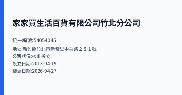 家家買生活百貨有限公司竹北分公司的照片-統編 54054045(新竹縣) 公司登記資料與營業項目詳細圖表